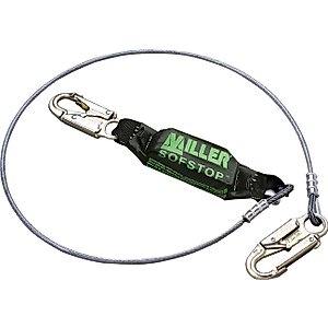 Miller by Honeywell 907NLS/4FTYL 5-Feet Vinyl-Coated Wire Rope Lanyard with SofStop Shock Absorber and Two Locking Snap Hooks, Yellow