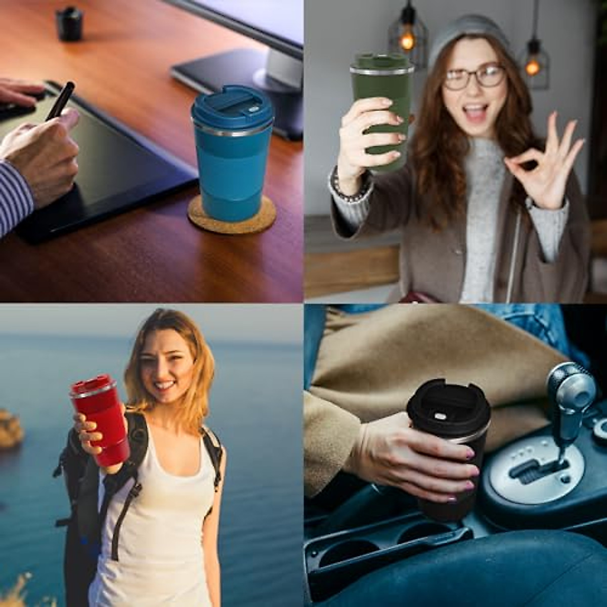 ATZNZIK 4 Pack Insulated Coffee Mug with Lid Travel Coffee Tumbler Stainless Steel Reusable Coffee Cups Thermal Coffee Mug for Hot and Iced Cold Drinks, 12oz