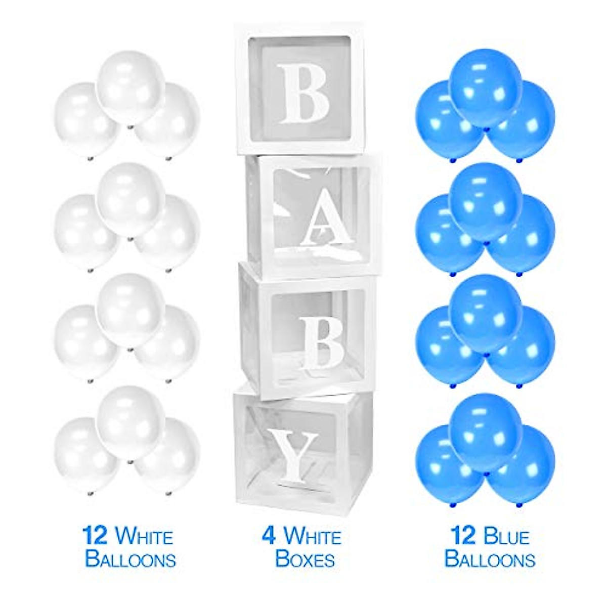 Adorox Baby Balloon Box with 12pc Blue and 12pc White Balloons Baby Shower Boxes Transparent Balloon Box Balloons (Blue)
