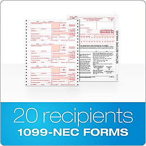 Adams 1099 NEC 3 Up 2021 Continuous Forms, 4 Part Carbonless Forms, for Pin Fed Dot Matrix Printers, with 3 1096, 20 Pack (TXA2299-NEC21)