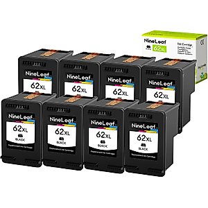 NineLeaf Remanufactured Ink Cartridge Replacement for HP 62XL 62 XL use in Envy 5540 5640 5660 7644 7645 OfficeJet 5740 8040 OfficeJet 200 250 Series Inkjet Printer（8 Pack Black
