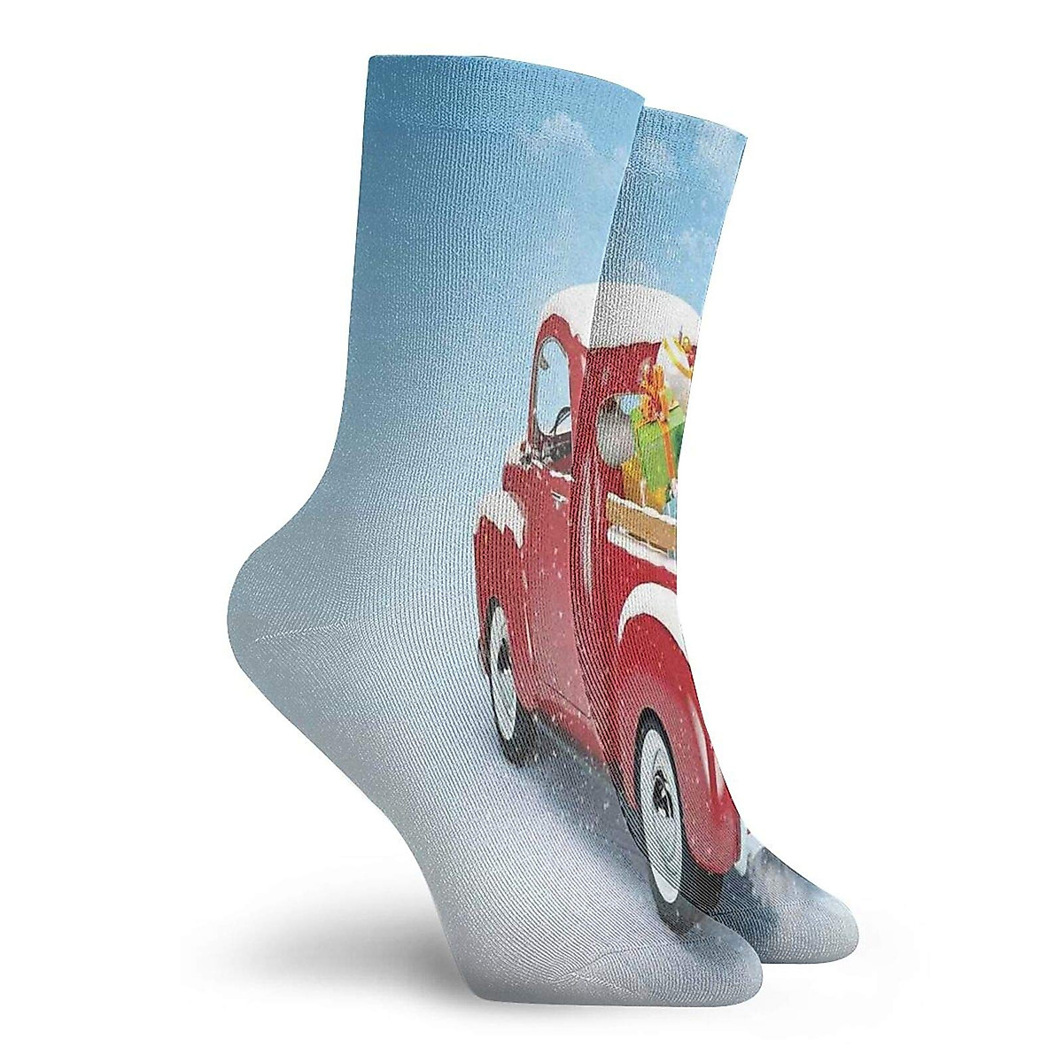 GULTMEE Christmas Fashion Compression Socks,Red Classical Pickup Truck With Tree,Performance Polyester Cushioned Athletic Crew Socks for Running,Athletic,Blue Red -12 inch