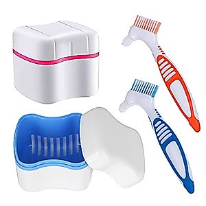 Denture Cleaner Box and Brush Set - 2 Pack Denture Bath Case with Basket + 2 Pack Denture Brush, Portable Denture Retainer Storage Box, False Teeth Brushes for Oral Care (Blue and Red)