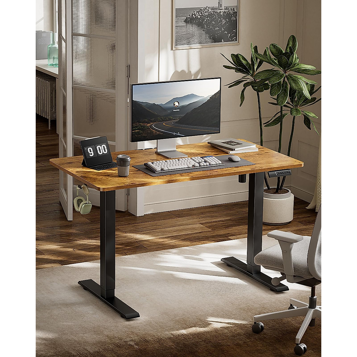 Marsail Electric Standing Desk with LED Lights, 48x24 Inch Adjustable Height Sit Stand up Desk for Home Office Furniture Computer Desk with 3 Memory Presets, Headphone Hook