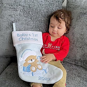 Heart's Sign Babys First Christmas Stocking 2024 | My First Christmas Baby Boy and Baby Girl | Newborn Stockings Christmas Ornaments | Newborn Christmas Decor, Blue