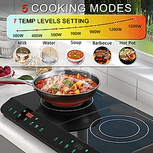 Induction Cooktop 2 Burner,1500W Double Induction Cooktop with LED Sensor Touch Screen 7 Temperature 5 Power Setting 120V 2 Burner Electric Induction Cooktop