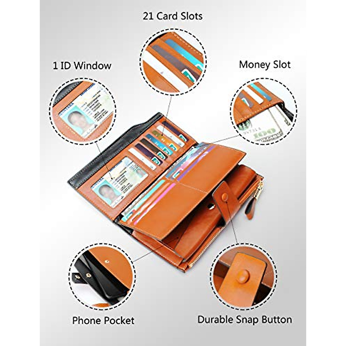 Demon&Hunter Women's RFID Blocking Large Capacity Luxury Wax Genuine Leather Purse Wallet DZA2083 (One Size, Orange)