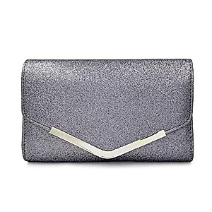 TrendsBlue Large Metallic Glitter Envelope Clutch Evening Bag, Silver Grey