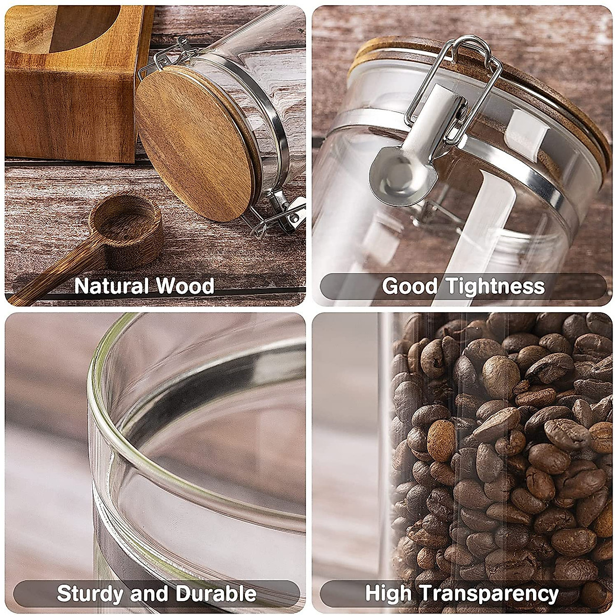 Yangbaga Glass Sugar Coffee Containers with Shelf, 2 x 45OZ Coffee Bean Canister Storage Station Organizer with Airtight Locking Clamp and Log Coffee Scoop, Large Capacity Food Storage Jar for Kitchen