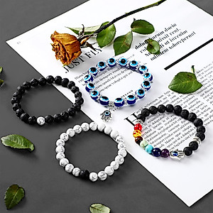 Hicarer 4 Pieces Evil Eye Bracelet Set Hamsa Charm Beaded Bracelets Chakra Charm Stretch Bracelet for Women(Elegant Style)