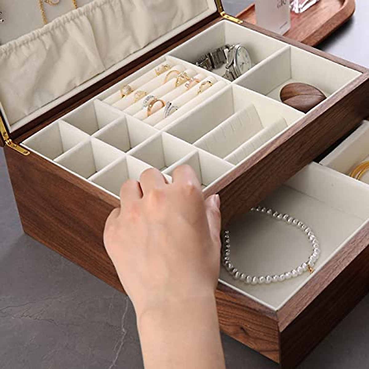 IRIVER BLANK High-end Solid Wood Jewelry Storage Box Ladies Retro Wooden Necklace Jewelry Bracelet Watch Display Box Handmade Wedding Birthday Anniversary Jewelry Collection Box(Double Layer)