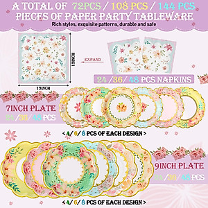Skybooly 144 Pcs Tea Birthday Party Decorations Tableware for 48 Guests Tea Party Plates and Napkins Sets Disposable Tea Party Decor Dinnerware for Tea Party Bridal Baby Shower Wedding (Floral)