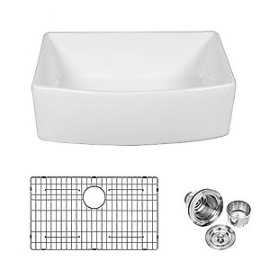 Farmhouse Sink 30 Inch, Mocoloo Curved White Farmhouse Sink Arched Edge Apron Sink Fireclay Single Bowl Farm Sink Large Deep Bowl Kitchen Sink 30x19x10 with Custom Bottom Grid & Kitchen Sink Strainer
