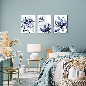 HOMEOART Blue Flower Picture Wall Decor Floral Canvas Print Bathroom Decor Wall Art Blue Elegant Flower Art Print Framed Ready to Hang (12x16inchx3 Pieces)