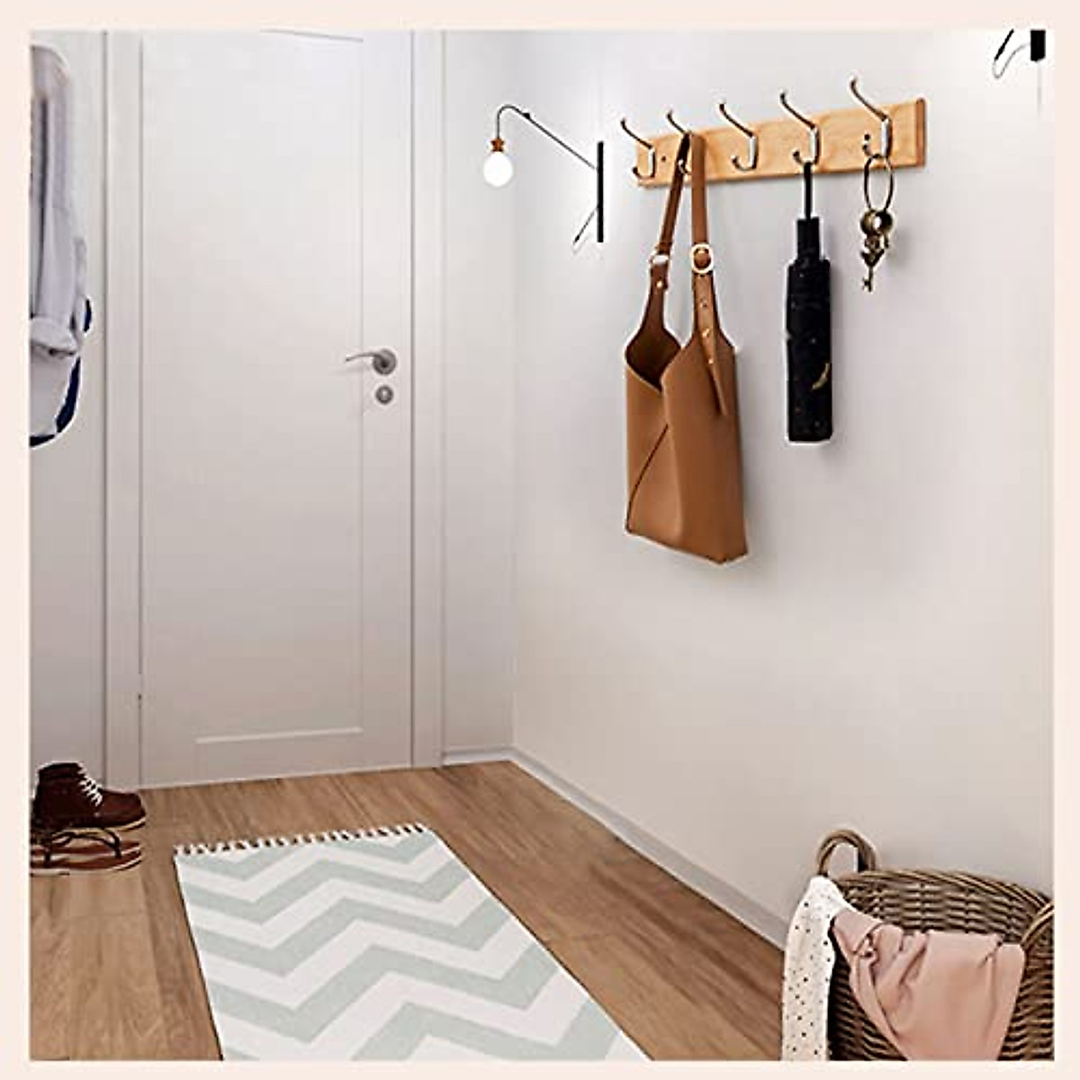 Spotact Wall Mounted Coat Rack Rustic 19.29*2.99*1.97 Inch Wooden Wall Hanger Heavy Duty Hanging Dual Hooks for Jacket Hat Towel Purse Bag for Bedroom Bathroom Entryway (5 Hooks, Cherry Wood Color)