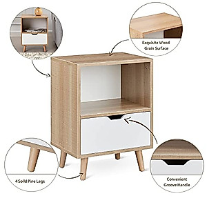 Wind Modern Wooden Bedroom 2-Tier Nightstand End Side Table with Open Shelf, 4 Anti-Slip Rubber Padded Legs, & 1 Storage Drawer, Tan, Set of 2