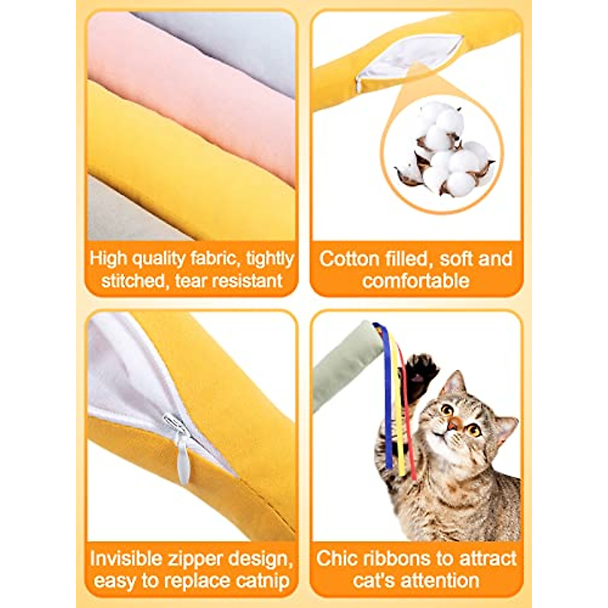 MEWTOGO 4 Pcs Cat Kicker Toy with Ribbon - Cat Toys with 12 Natural Catnip Balls and Zipper, Interactive Cat Kick Sticks Chew Toy, Ideal Cat Gift for Indoor Kitten Playing