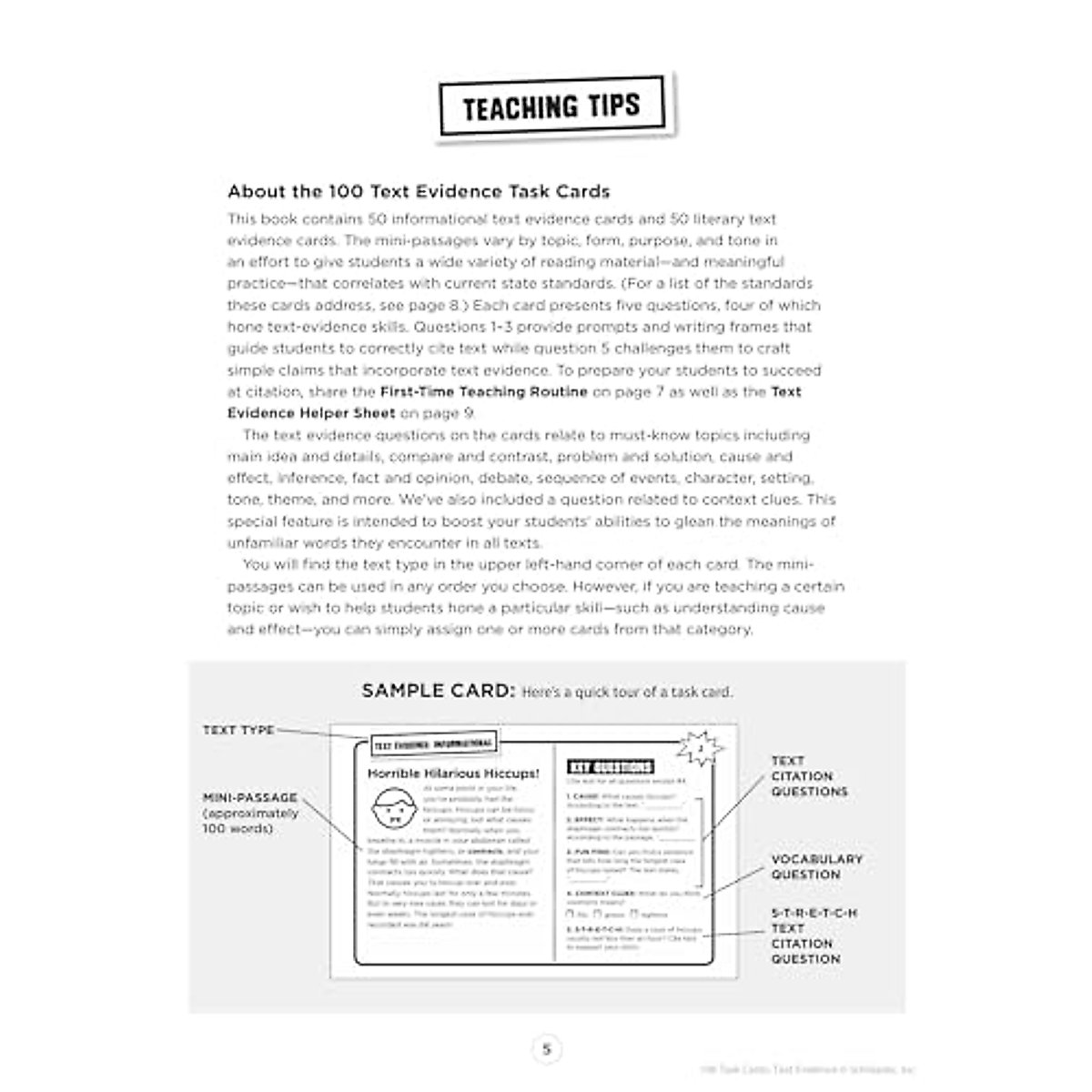 100 Task Cards: Text Evidence: Reproducible Mini-Passages With Key Questions to Boost Reading Comprehension Skills