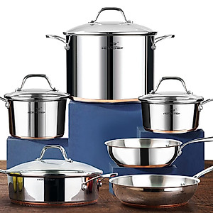 HOMICHEF 10-Piece Nickel Free Stainless Steel Cookware Set Copper Band - Nickel Free Stainless Steel Pots and Pans Set - Healthy Cookware Set Stainless Steel - Non-Toxic Induction Cookware Sets