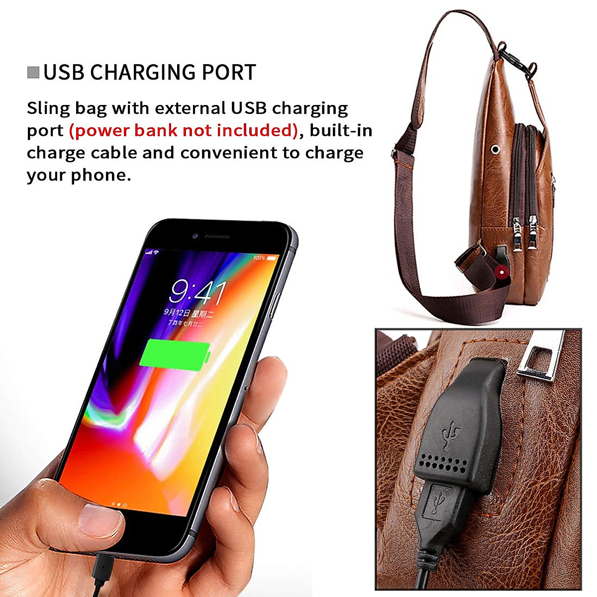 Seoky Rop Men Sling Bag Anti Theft Shoulder Bag Small Leather Crossbody Sling Backpack with USB Charge Port Black