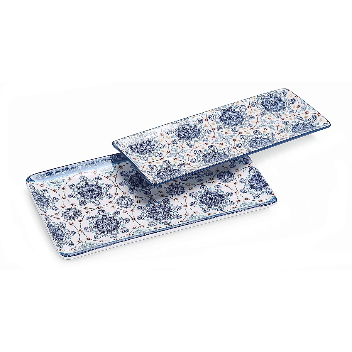 Bico Blue Talavera Ceramic 14 inch Rectangular Serving Platter, Set of 2, for Serving Salad, Pasta, Cheese, Ham, Appetizer, Microwave & Dishwasher Safe
