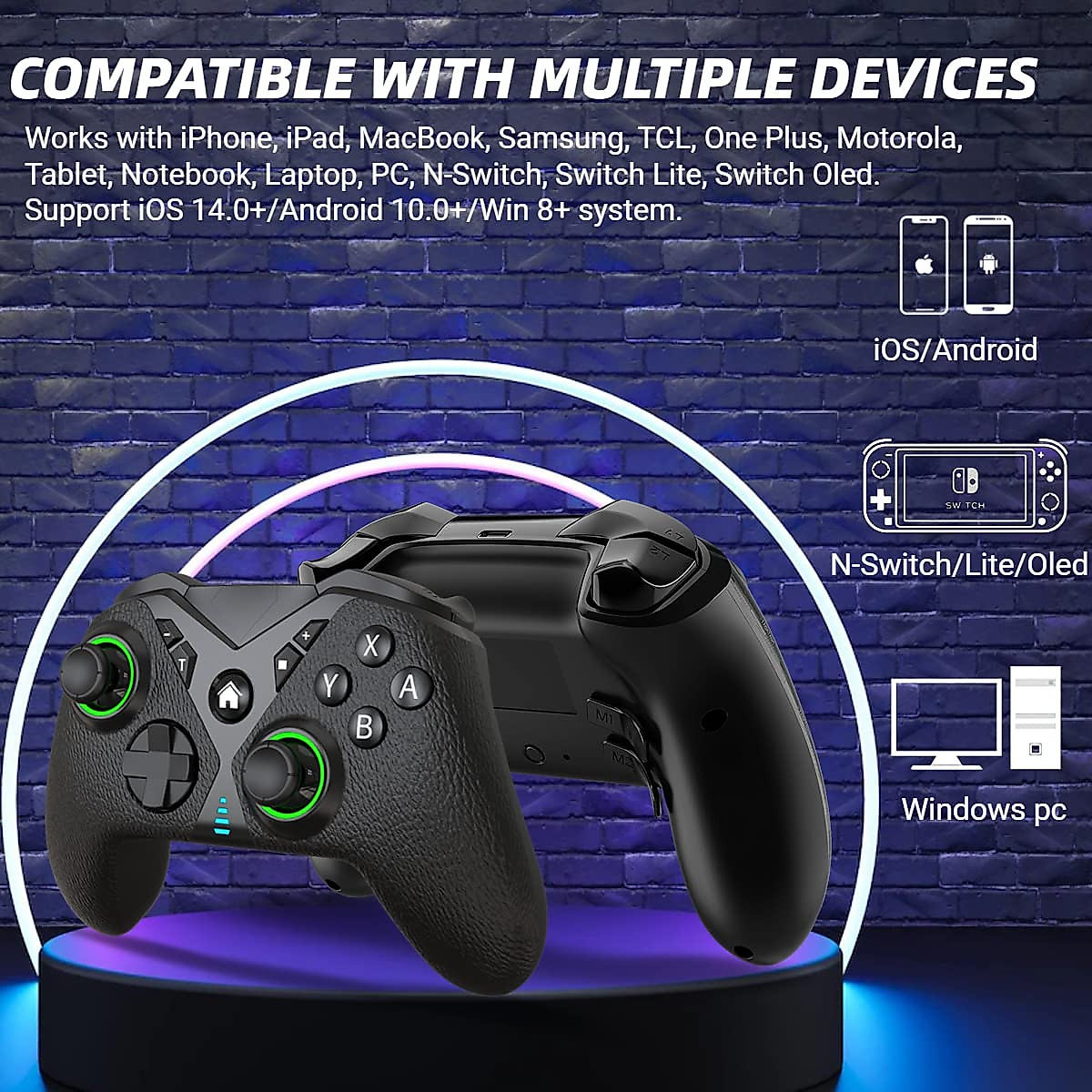 arVin Wireless Gaming Controller for iPhone/iOS/Android/PC/Steam/Switch Controllers Bluetooth Gamepad Joystick with 4 Back Button/Turbo/6-Axis Gyro/Dual Motors/RGB Light/Phone Holder/1200mAh Battery