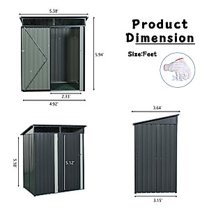 5Ft x 3Ft Outdoor Metal Storage Garden Shed with Lockable Door & Vents, Waterproof Anti-Corrosion Tool Storage Cabinet Clearance, Outside Vertical Tall Tool Shed for Backyard Patio Lawn (Gray)