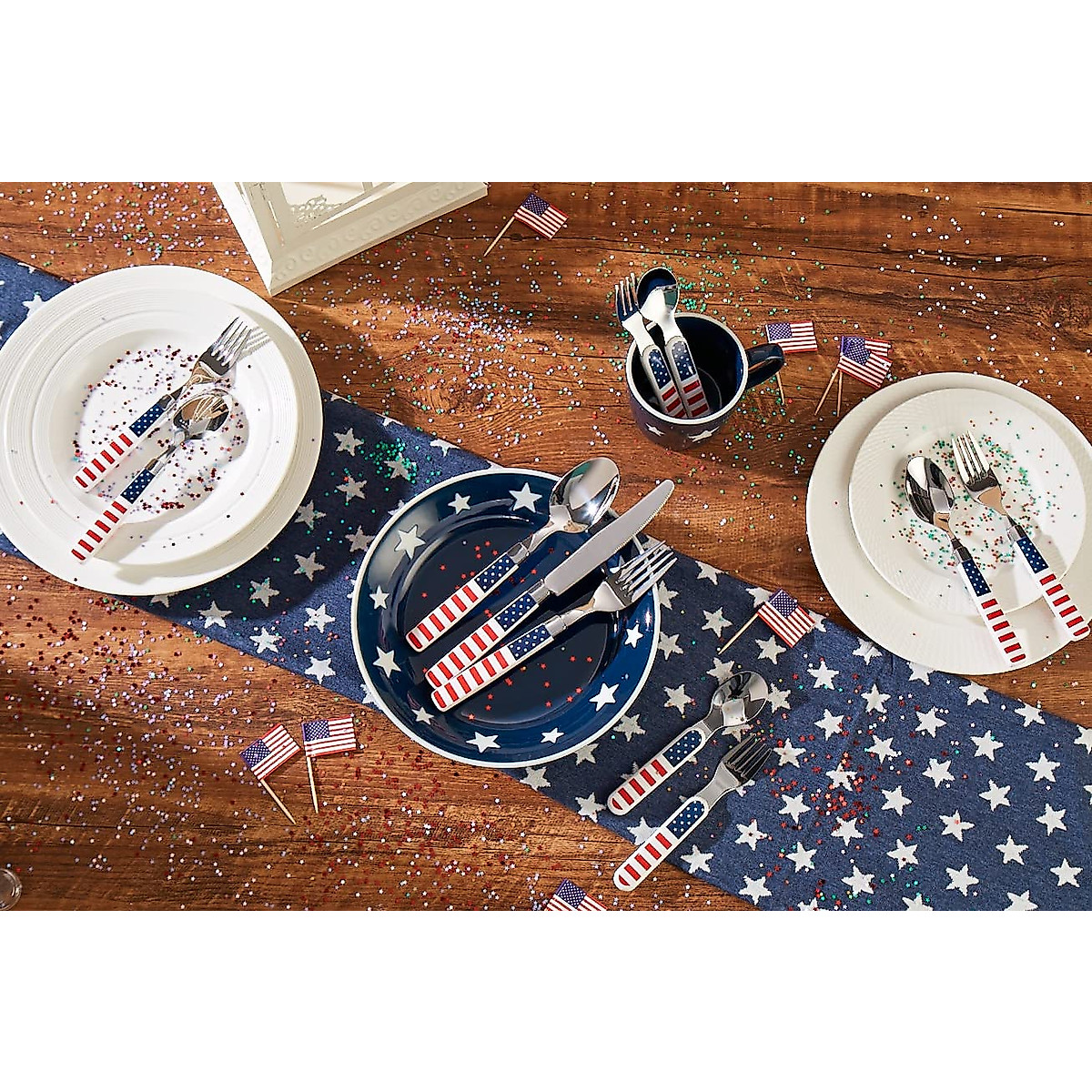 Annova Kids Silverware 6 Pieces Stainless Steel Children's Flatware Set 3 x Forks, 3 x Dinner Spoon Plastic Handle, Toddler Utensils Without Knives, for Babies, Infants BPA Free (US Flag)