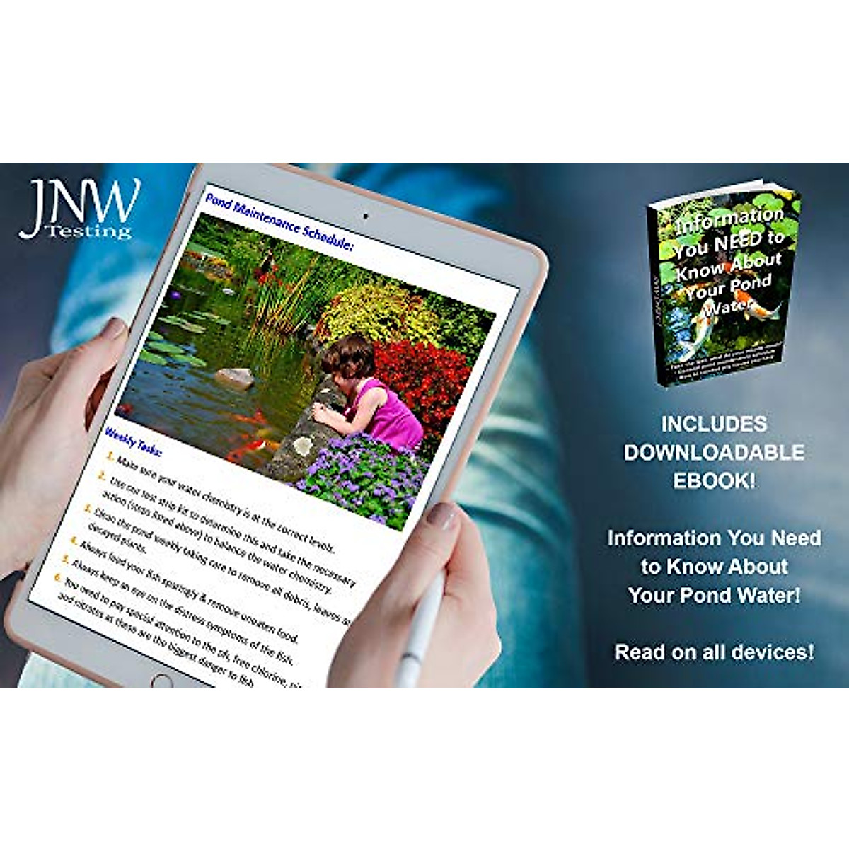 Pond Test Strips - 7-1 Pond Water Testing Kit with Ebook - Pond pH Test Kit with 50 Quick and Accurate Fish Tank Test Strips - 50 Test Strips by JNW Direct