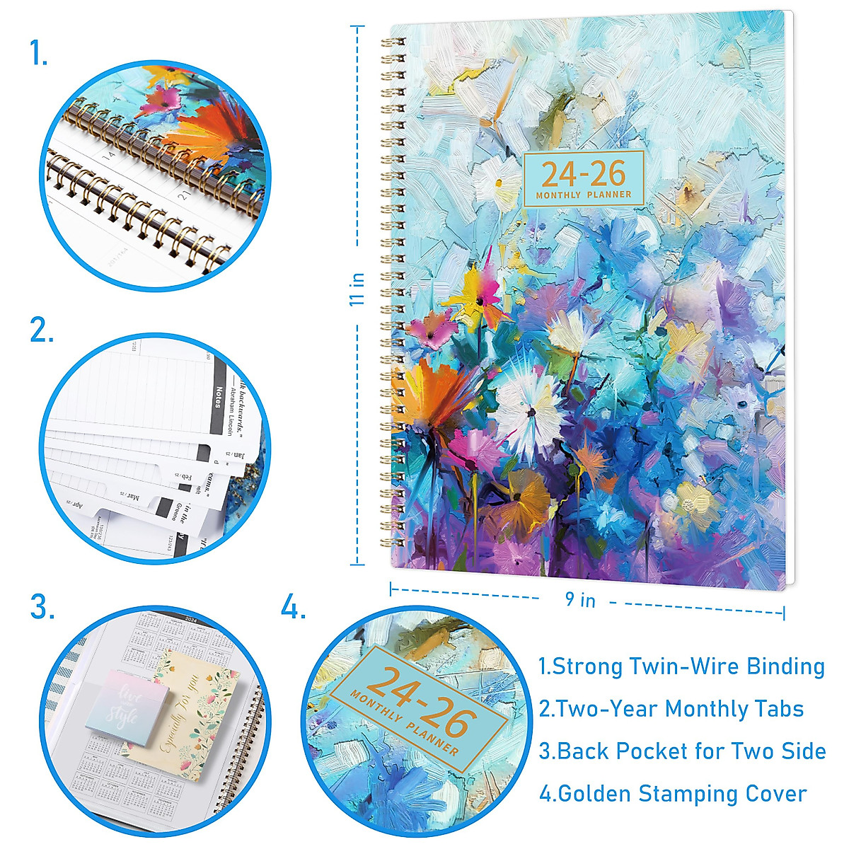 2023-2024 Monthly Planner/Calendar - Monthly Planner 2023-2024 with Two-Side Pocket, January 2023-December 2024, 9" x 11", Two Years Monthly Planner, Flexible Cover, Perfect Organizer