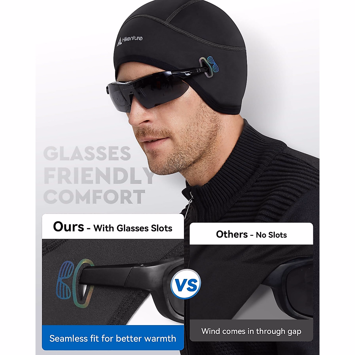 Hikenture Skull Cap Helmet Liner with Glasses Holes, Winter Thermal Cycling Cap for Men & Women, Cycling Hat Beanie Black