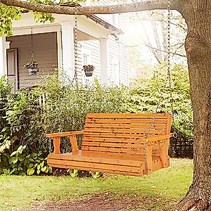 Tangkula 2 Person Hanging Porch Swing, Outdoor Bench Swing with Adjustable Chains, High Back, Cozy Armrests, Wooden Tree Swing Chair for Patio Backyard Deck Garden (Natural)