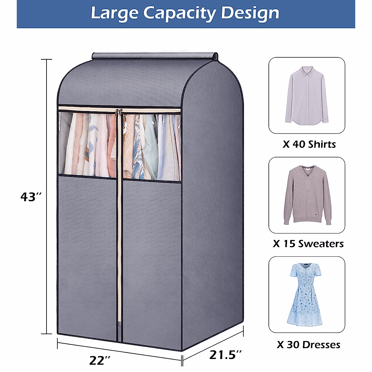 SLEEPING LAMB 43'' Garment Bags for Closet Storage with Zippers Completely Closed Wardrobe for Hanging Clothes Suits Coats Cover, 2 Packs, Grey(Hanging Rod Not Included)