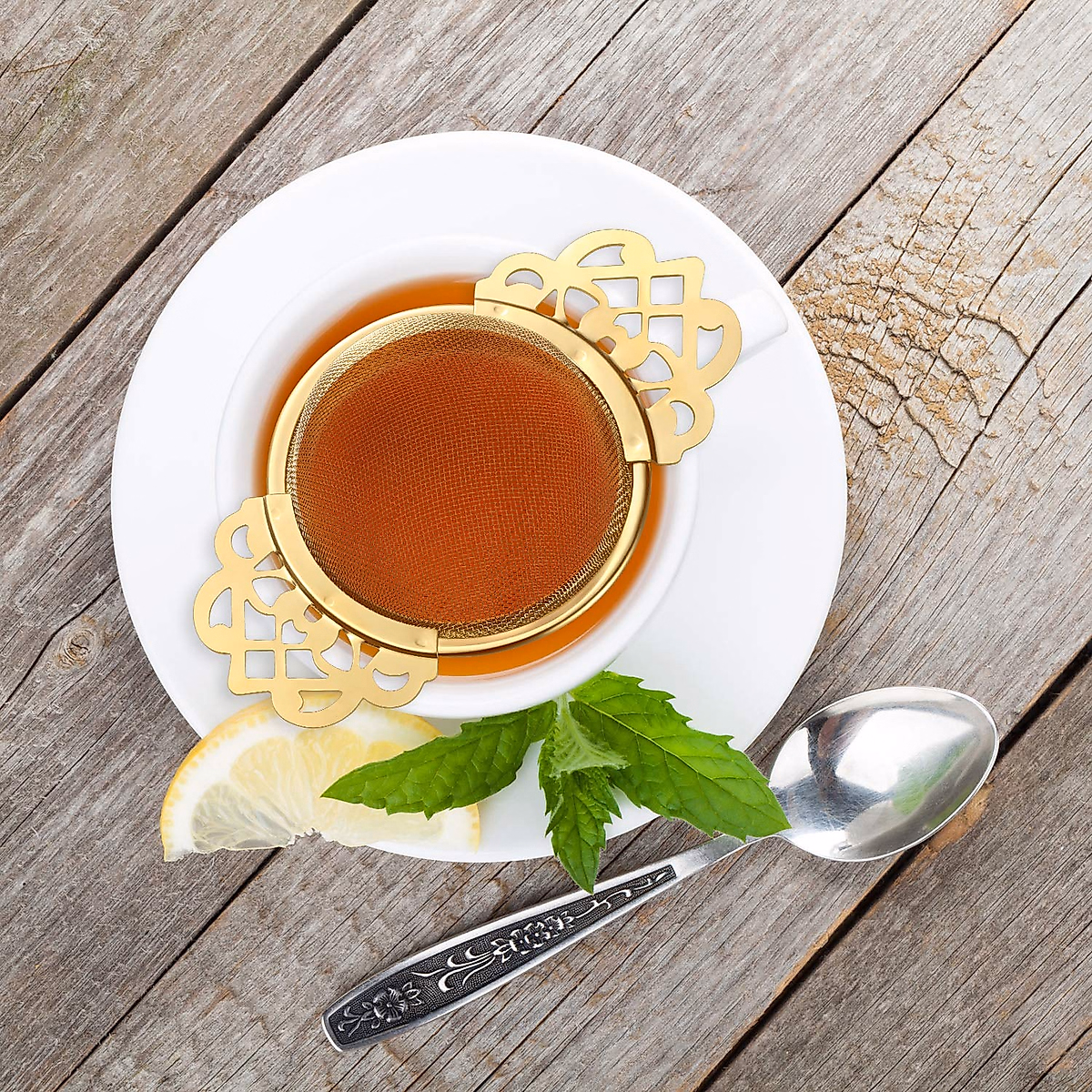 Empress Tea Strainers with Drip Bowls, Mesh Tea Infuser Stainless Steel Loose Leaf Tea Filter with Handles for Better Tea Experience (Silver and Gold,4 Pieces)