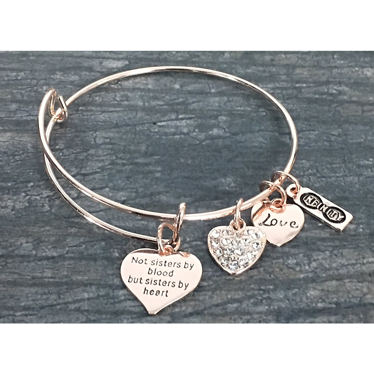 Infinity Collection - Best Friends Bangle Bracelets for Women, Engraved (Not Sisters By Blood But Sisters By Heart) Rose Gold Friend Jewelry, Infinity Adjustable Bracelets. Gift for Friends