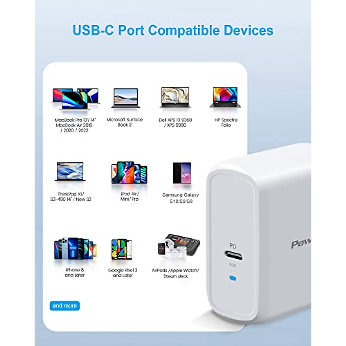 USB C Wall Charger, PowerLot GaN 65W USB C Charger Block with 6ft Type C Cable, PD Fast Charger for iPhone 14/13, iPad Pro, Pixel 7/6, 60W Power Adapter Laptop MacBook Pro/Air Charger