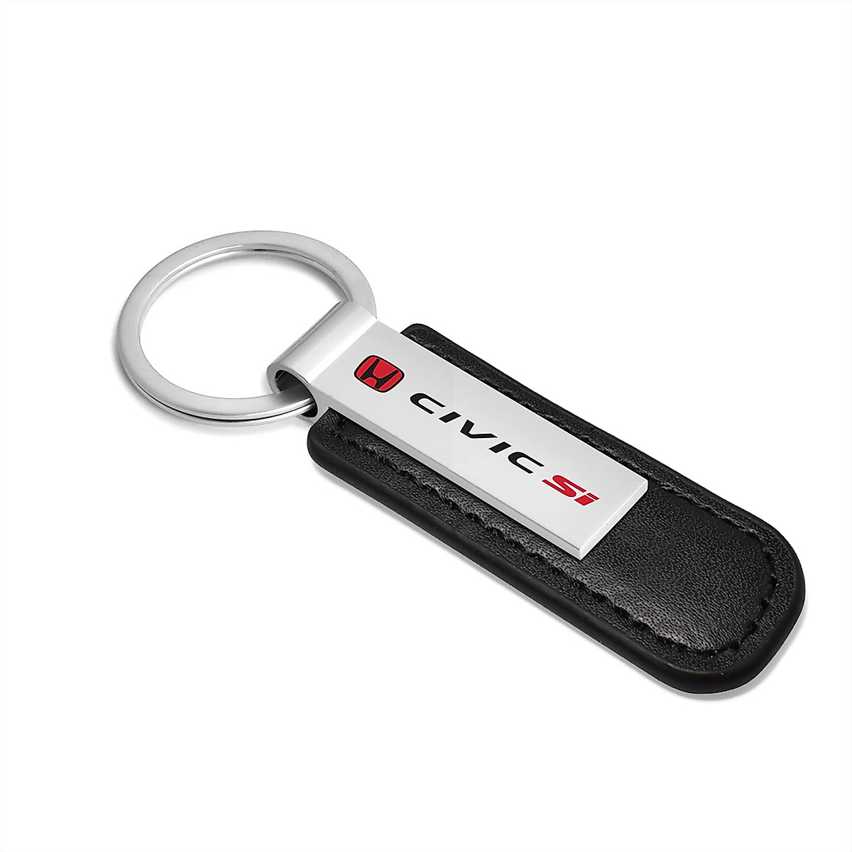 iPick Image for Honda Red Logo Civic Si Silver Metal Plate Black PU Leather Strap Key Chain Keychain, Official Licensed