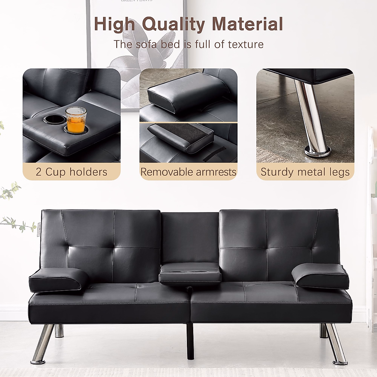 66“ Modern Futon Sofa Bed Couch: Linen Fabric,2 Cup Hodlers,Removable Armrests,Convertible Folding Loveseat Sleeper for Living Room Bedroom Small Space Apartment