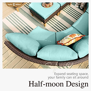 Sophia & William Patio Furniture Set with Fire Pit Table, 10 Piece Half Moon Outdoor Wicker Sectional Sofa Set, Rattan Conversation Set with 56-Inch Fire Pit Table for Backyard, Deck, Pool(Aqua Blue)