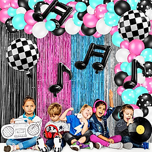 Jecery 122 Pcs 50's Music Theme Birthday Party Decorations Karaoke Rose Red Blue Black Tinsel Curtains Music Note Balloons Karaoke Music Party Supplies Photo Backdrop