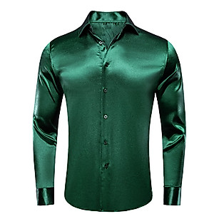 Hi-Tie Men's Dark Green Dress Shirt Long Sleeve Satin Silk Like Regular Fit Solid Turn Down Collar Shirt Casual Prom Daily