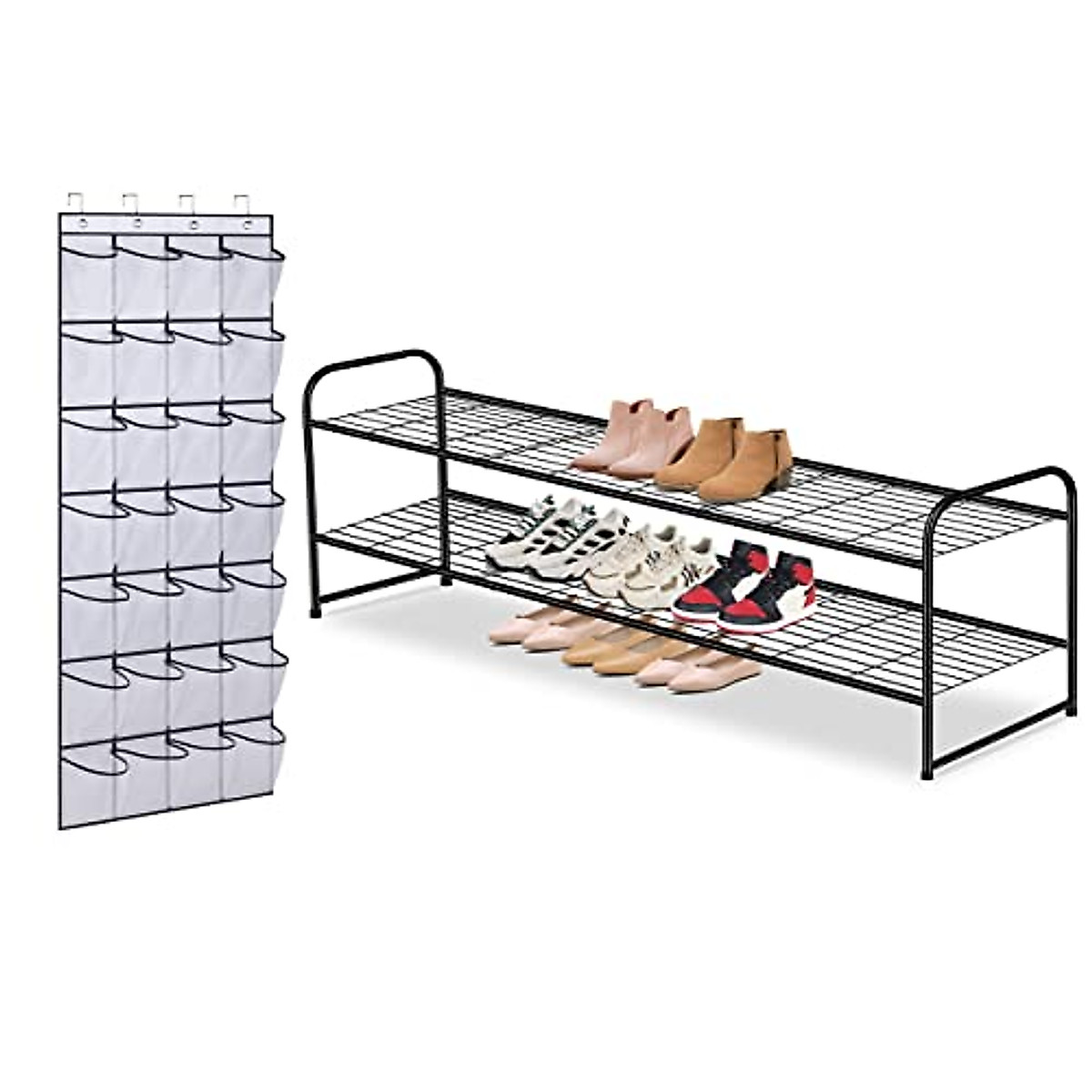 AOODA 28 Large Mesh Pockets Over The Door Shoe Organizer Hanging, 2 Tier Metal Long Shoe Rack for Closet Wide Low Shoe Shelf, 2 Item Bundle