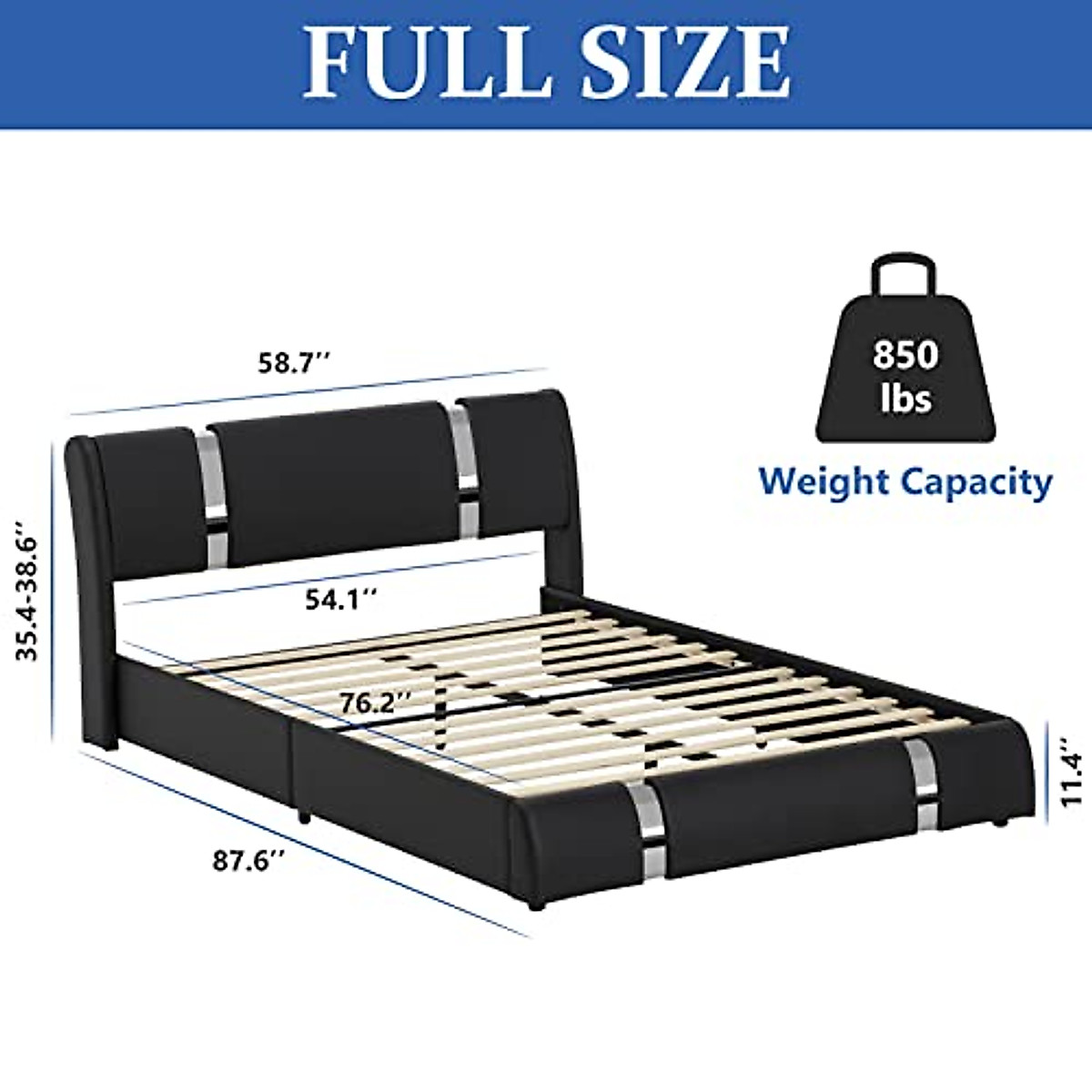 Modern Full Size LED Bed Frame, Upholstered Platform Bed Frame with Adjustable Headboard, Wooden Slats Support, No Box Spring Needed, Black