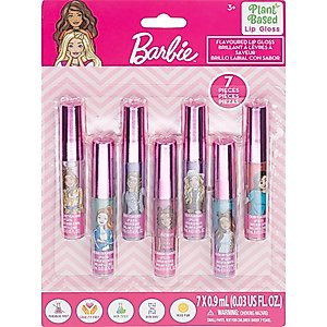 Townley Girl Barbie 7 pcs Kids Lip Gloss Set | Vegan Girls Makeup for Ages 3