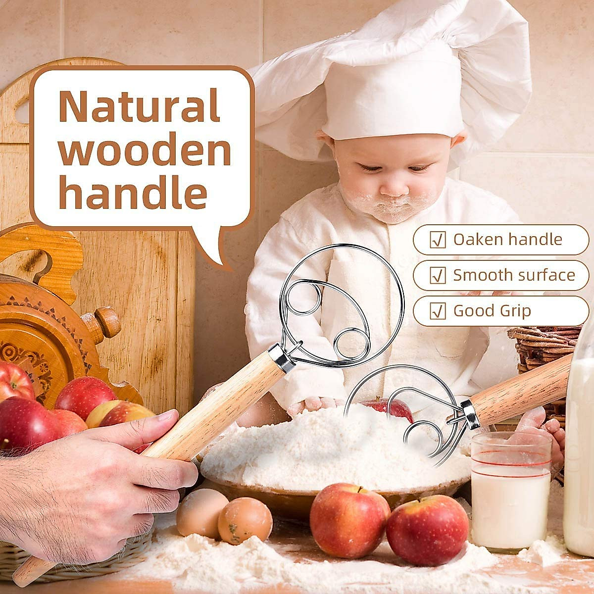 Danish Dough Whish Bread Mixer, 2 Pack Stainless Steel Dutch Whisk Hand Mixer Wooden Handle Kitchen Baking Tool for Baking Cake Dessert Sourdough Pizza and Pastry, Artisian Blender.