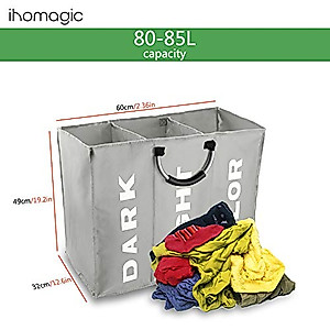 IHOMAGIC 3 Sections Large Laundry Hamper, Laundry Bag Collapsible, Foldable Fabric Clothes Sorter Storage Bag with Carry Handles for Dirty Clothes for Home Bathroom Dormitory 85L 23.6x12.6in Grey