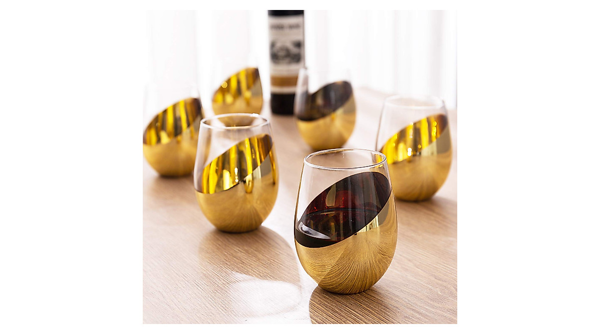 Elegant Stemless Wine Glass Set of 6 with Brass Design