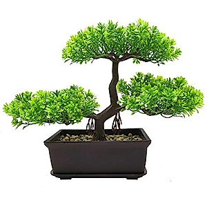 Rozwkeo Artificial Bonsai Tree, Small Pine, 11.4x8.6in, Plastic, Green, Decor, All Seasons, Pot