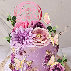 20 PCS Flower Cake Toppers Butterfly Cake Decorations Happy Birthday Cake Toppers with Pink Purple Flowers Eucalyptus Butterflies for Birthday Party Wedding Baby Shower Supplies (Pink Purple)