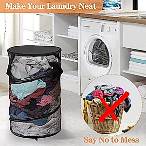Collapsible Round Popup Laundry Hamper with Lid 2PCS Set, White & Black Foldable Mesh Laundry Basket with Reinforced Carry Handles Solid Bottom, Large Double Clothes Hamper for College Dorm Travel